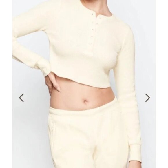 SKIMS | Tops | Skims Waffle Knit Henley Cropped Long Sleeve Top Cream ...